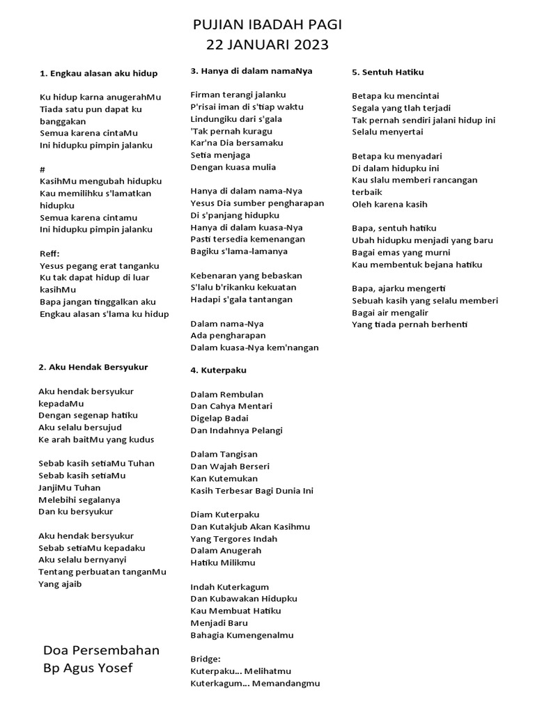 Lagu Pujian Ibadah Pagi 15 Jan 2023 | PDF