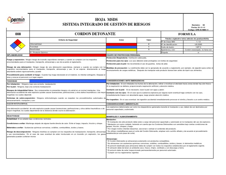 Hoja Msds Sistema Integrado de Gestión de Riesgos: 008 Formula | PDF ...