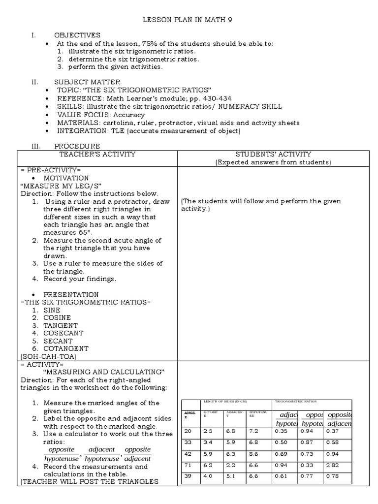 Lesson Plan in Math 9 | PDF | Trigonometric Functions | Trigonometry