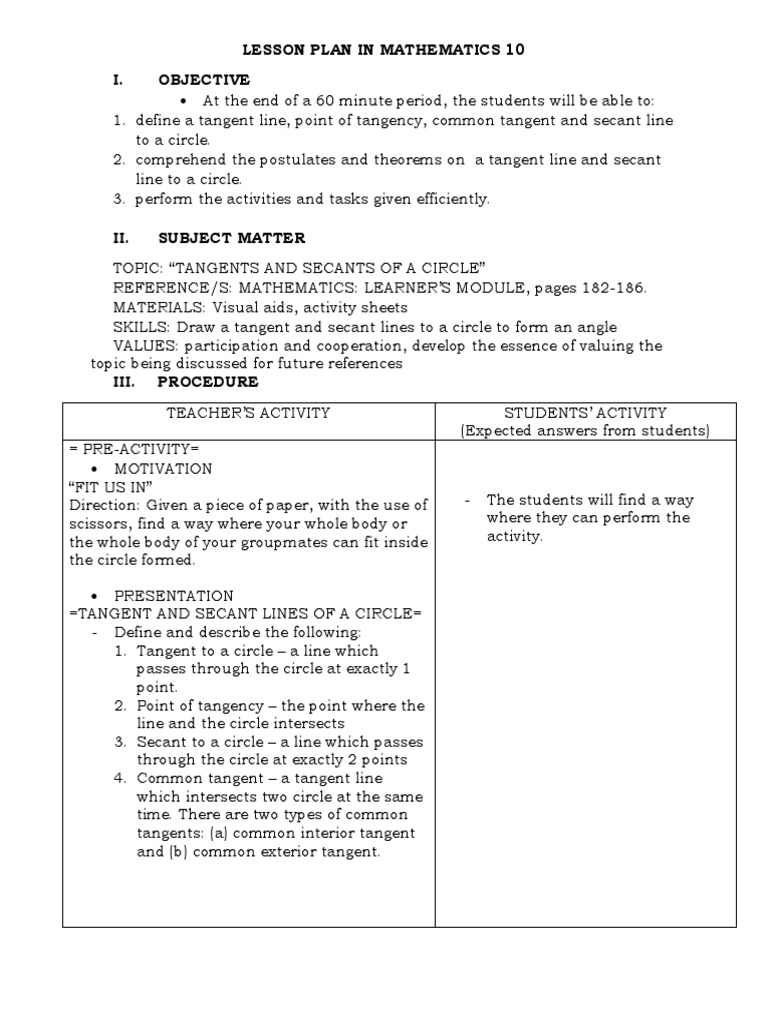 Lesson Plan in Mathematics 10 | PDF | Tangent | Circle
