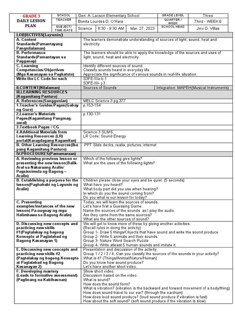 COT-3-Grade-3-Science-3rd-Qtr - Uses of Sounds | PDF | Learning | Cognition