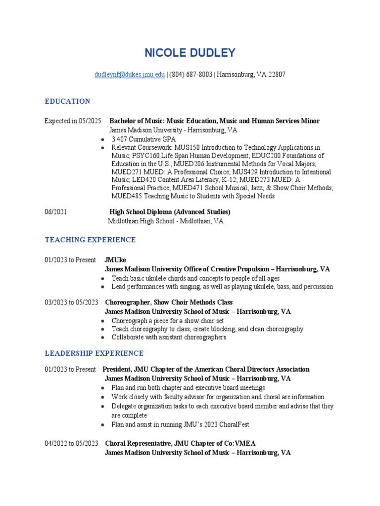 Nicole Dudley Resume | PDF | Choir