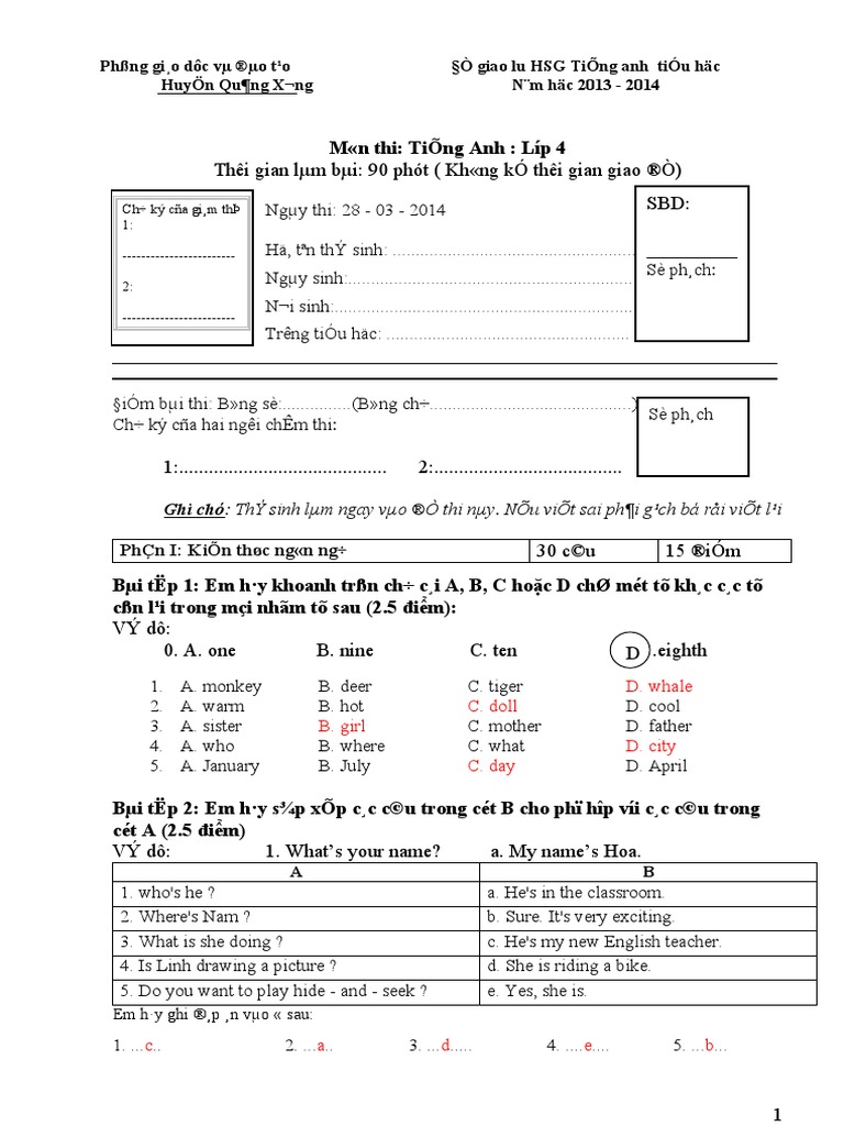 De Thi HSG Tieng Anh Lop 4 Cap Huyen | Download Free PDF | Vietnam | Vietnamese People