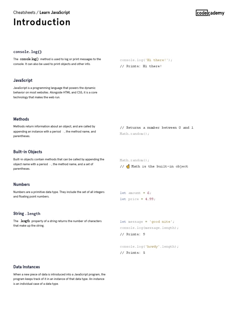 Learn Javascript Introduction Cheatsheet Codecademy Pdf Java Script Variable Computer