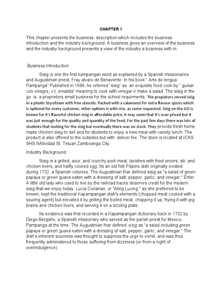 Chapter 1: Business Description and Industry Background of Sisig on the Go | PDF | Foods | Food ...