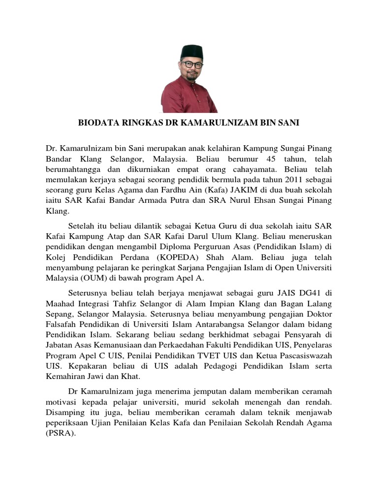 Biodata Ringkas Dr Kamarulnizam Sani (1) | PDF