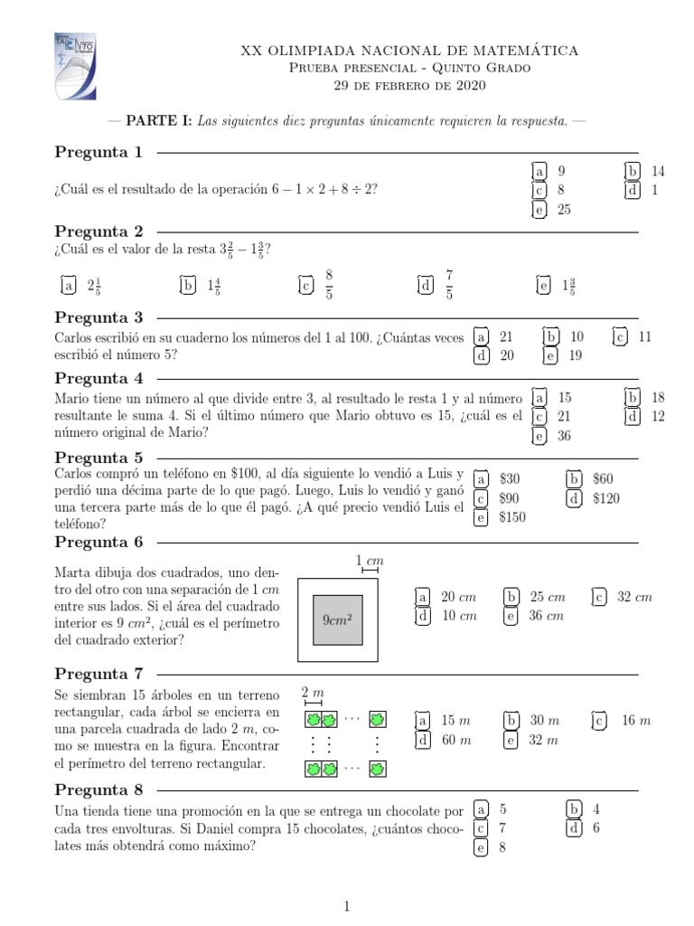 Preguntas de Matemáticas Quinto Grado | PDF
