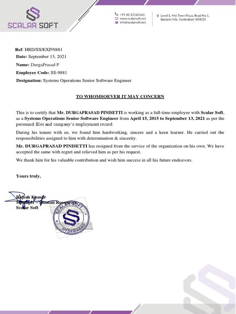 experience letter-Prasad | PDF