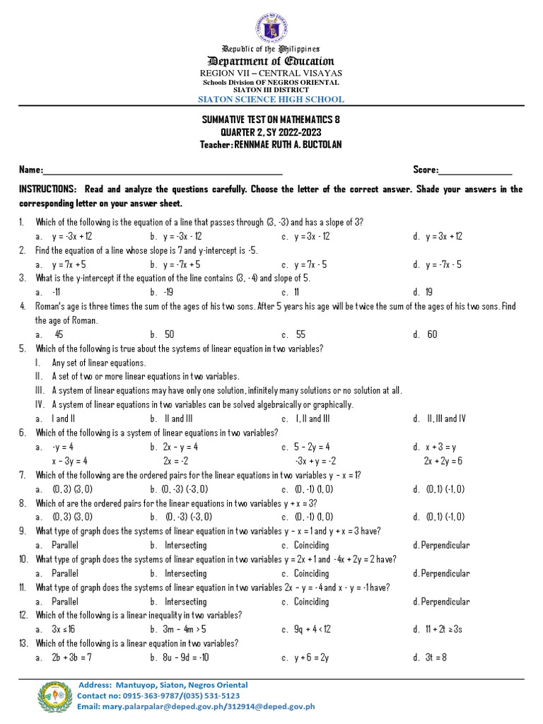 Q3 Math 8 Summative Test Paper | PDF | Equations | Deductive Reasoning