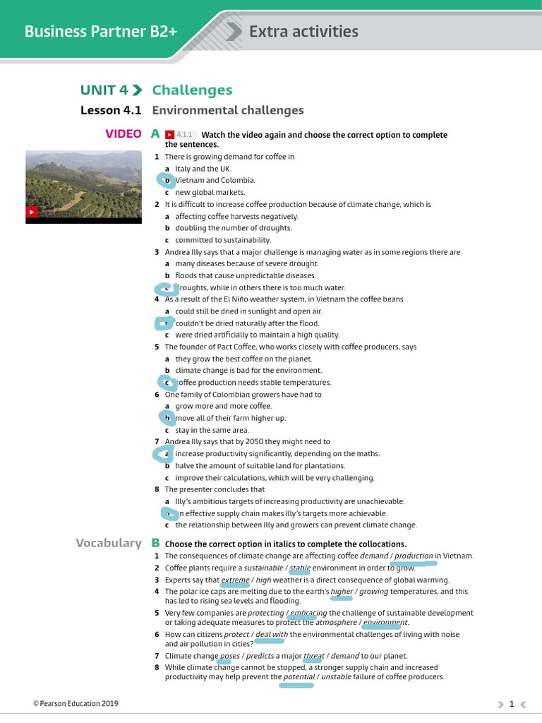 Business Partner B2Plus Ex Class Practice WorkSheet - U4 | PDF | Climate Change | Coffee