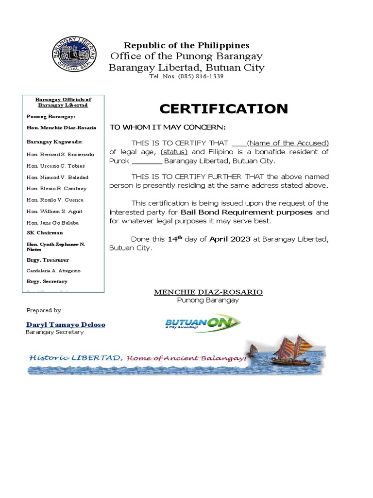 Barangay Libertad Bail Certification | PDF