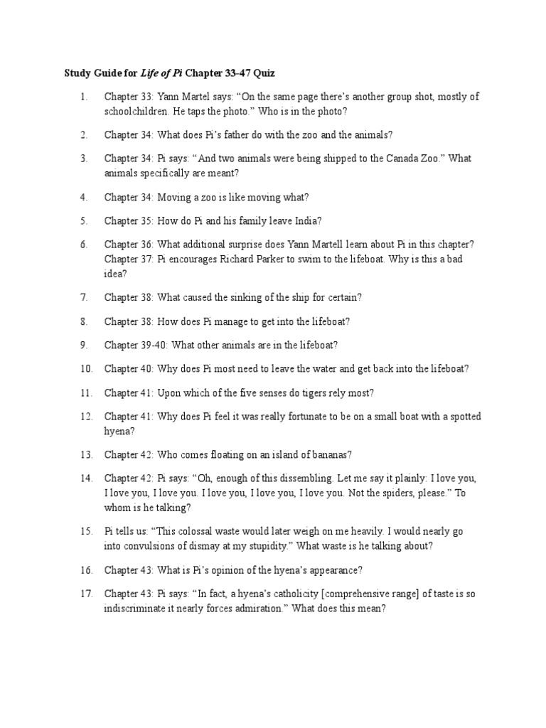 Study Guide For Life of Pi Chapter 33-47 Quiz | PDF