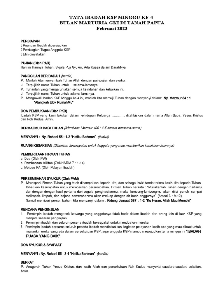 Liturgi Dan Materi PA KSP Minggu Ke-4 Bulan Marturia 2023 | PDF