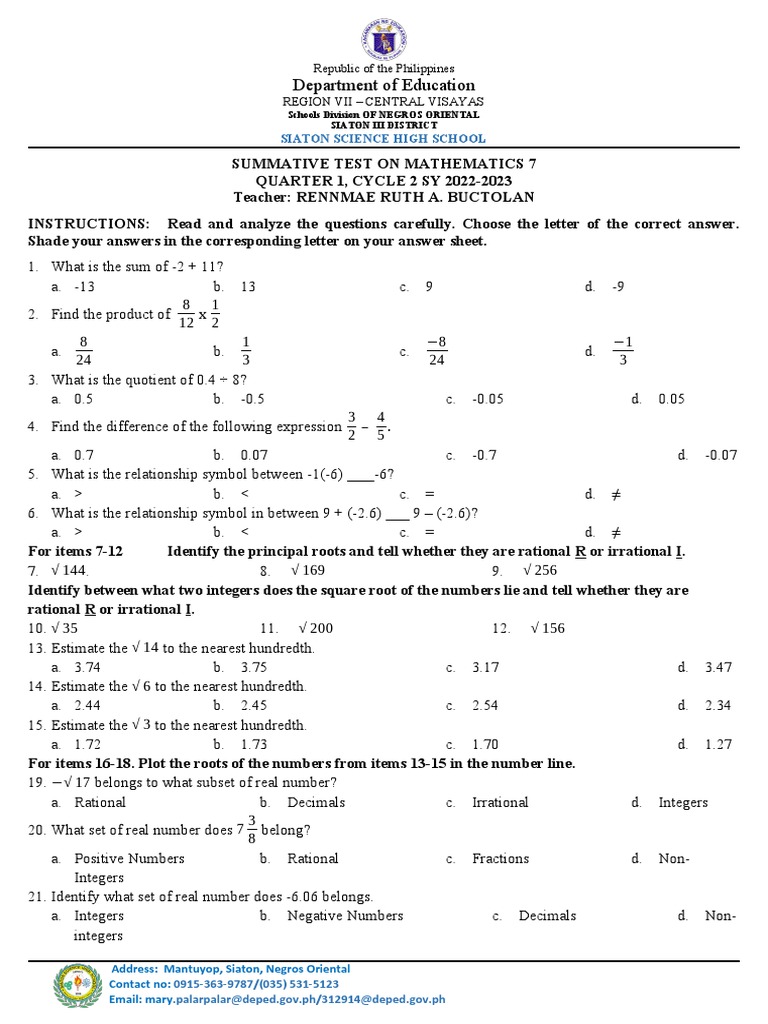 Q1, C2 Grade 7 Mathematics Test Paper | PDF | Numbers | Real Number