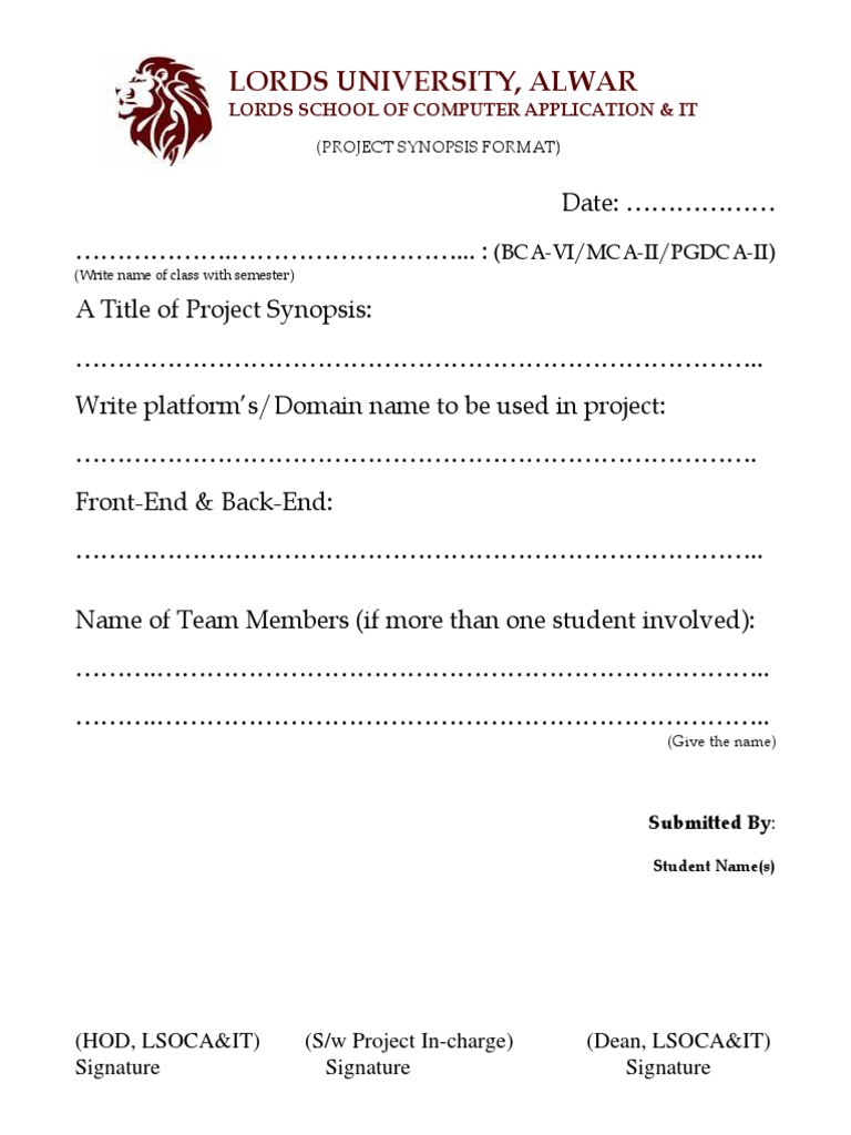 Project Synopsis Template for Lords University School of Computer ...