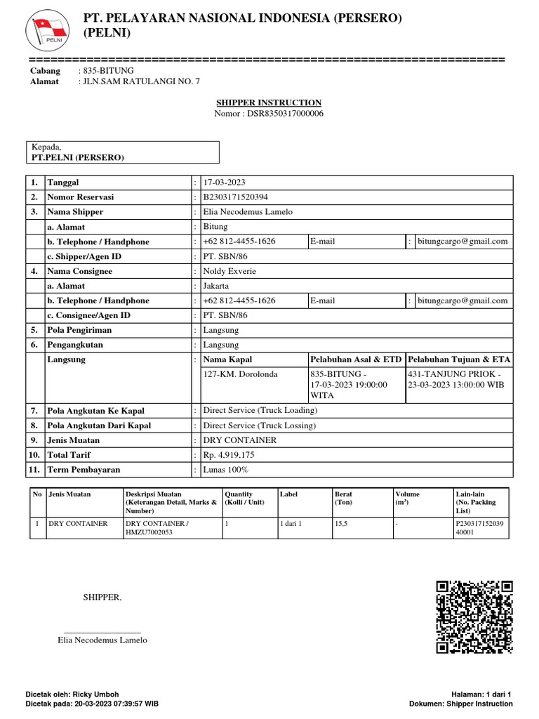 Data Report Shipper Instruction 20-03-2023 | PDF