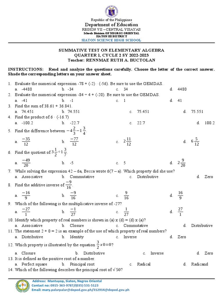 Q1, C2 Grade 7 Elementary Algebra Test Paper | PDF | Numbers | Square Root Q1, C2 Grade 7 Elementary Algebra Test Paper | PDF | Numbers | Square Root