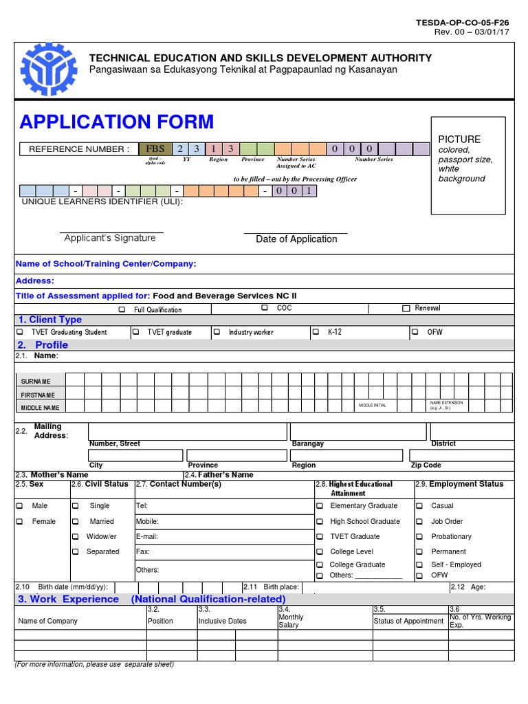 TESDA Food & Beverage NC II Application Form | PDF