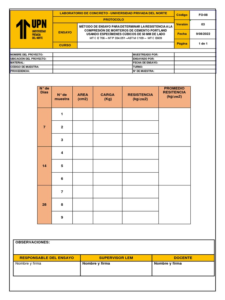 Ficha Compresión de Morteros de Cemento Hidráulico-3333 | PDF