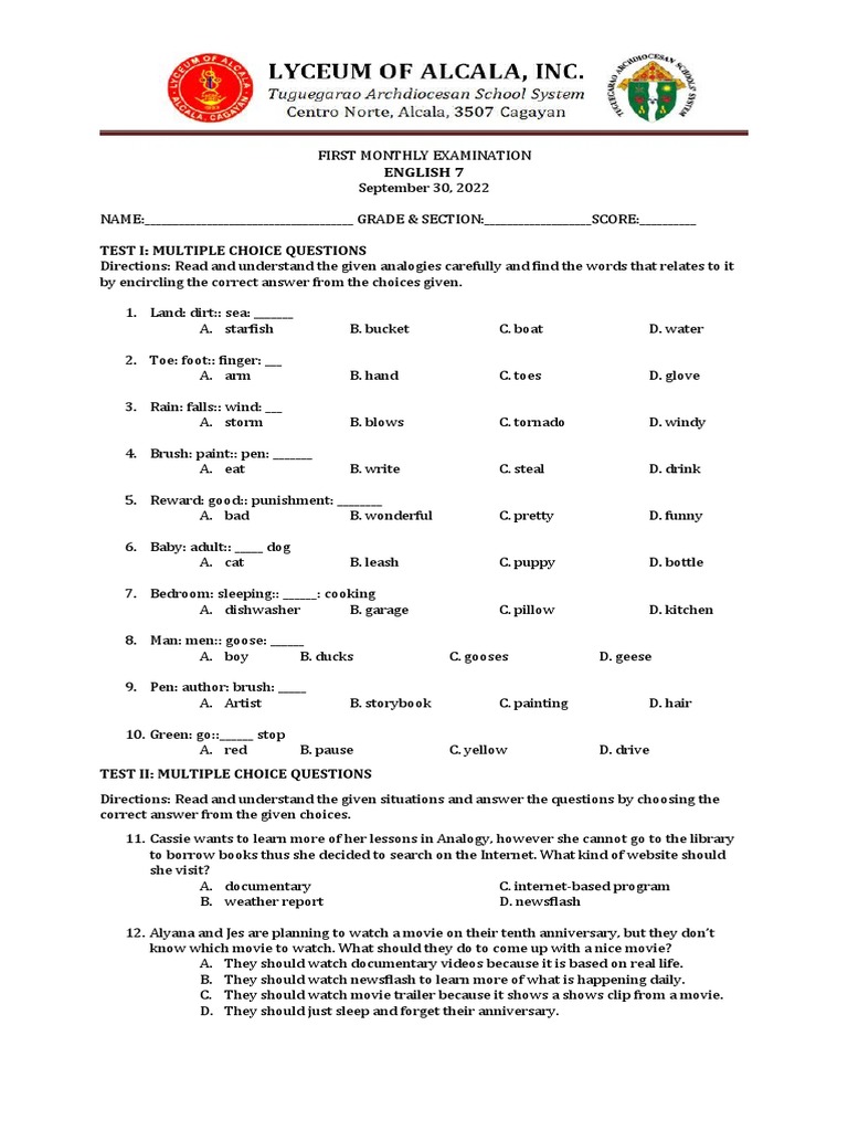 1st MONTHLY EXAMINATION IN GRADE 7 | PDF
