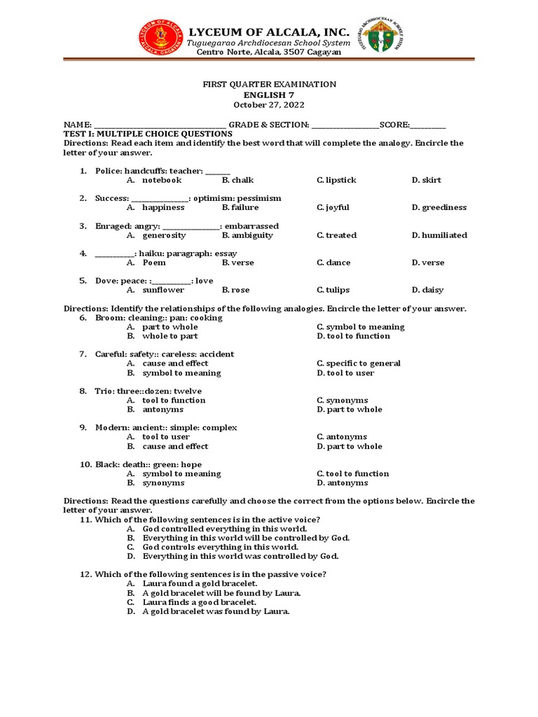 1st QUARTER EXAMINATION IN G7 | PDF