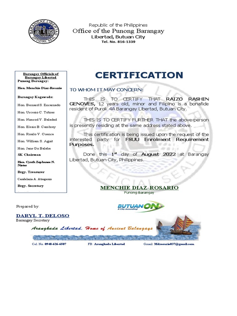 Certification: Office of The Punong Barangay | PDF