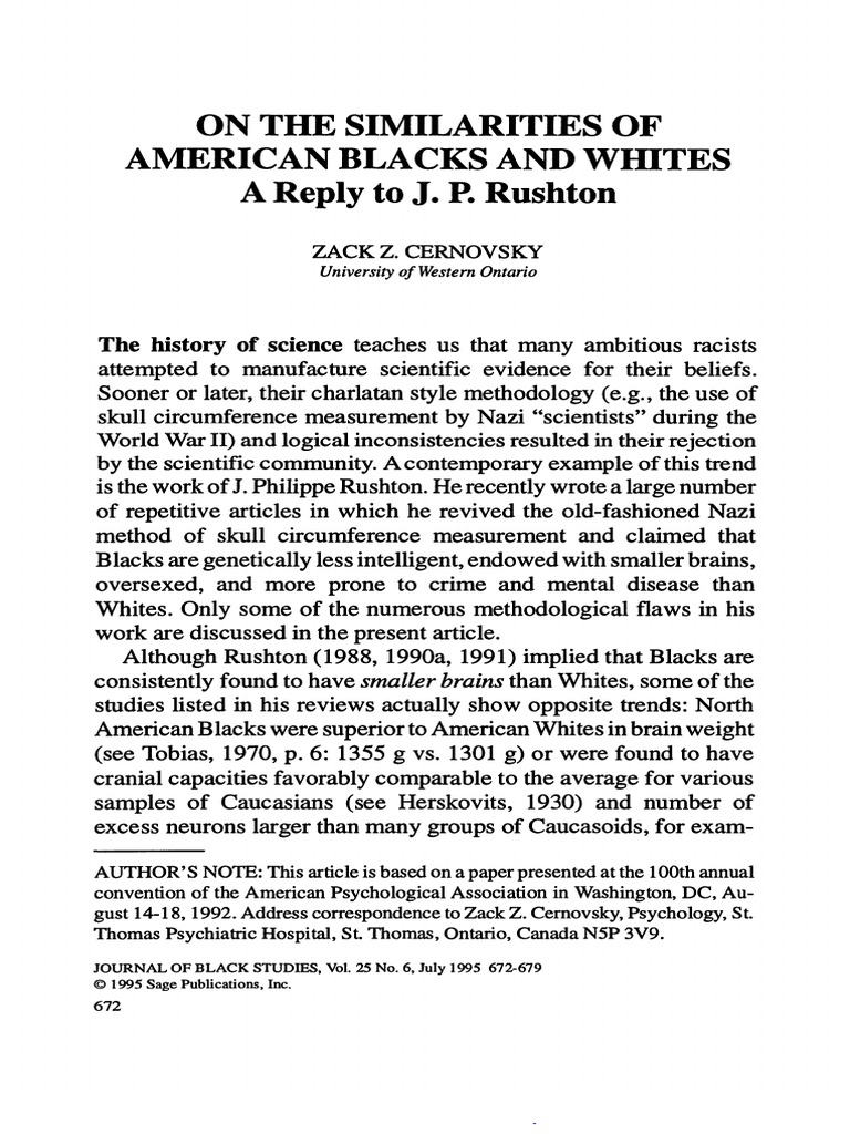 Iq Race Brain Size Racism Rushton Cernovsky J of Black Studies 7 1995 ...