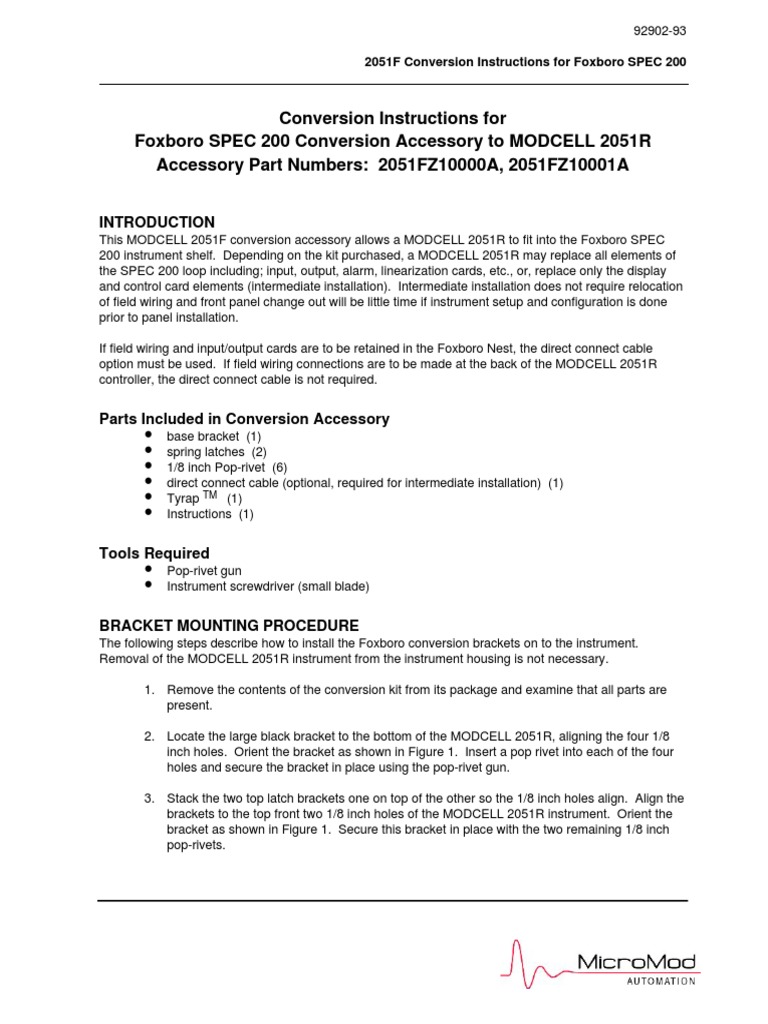 Conversion Instructions For Foxboro SPEC 200 Conversion Accessory To ...