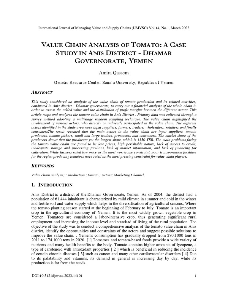 Value Chain Analysis of Tomato: A Case Study in Anis District - Dhamar ...