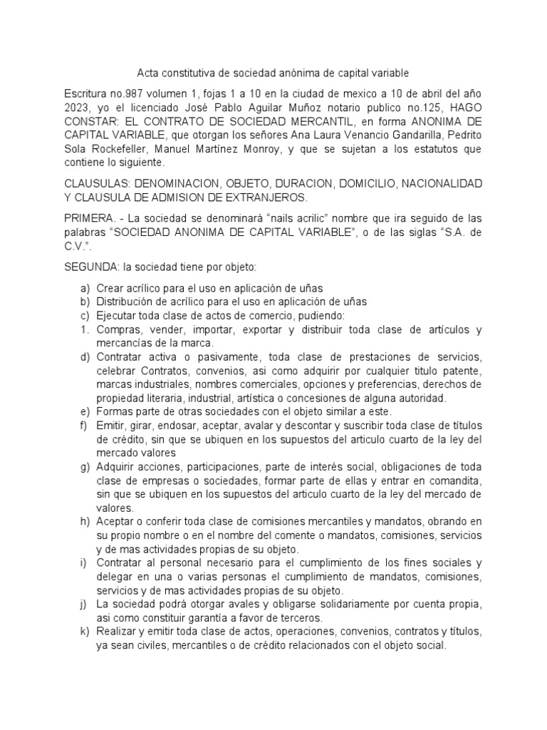Acta Constitutiva de Sociedad Anónima de Capital Variable | Descargar gratis PDF | Sociedad de ...