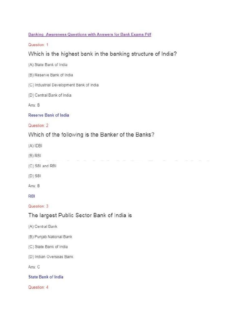 Banking Awareness Questions Bank Exams | PDF