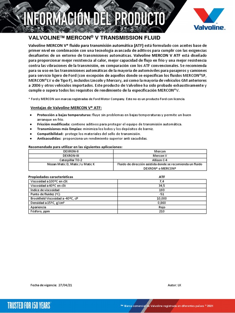 Valvoline Mercon V Transmission Fluid | PDF | Transmisión automática ...