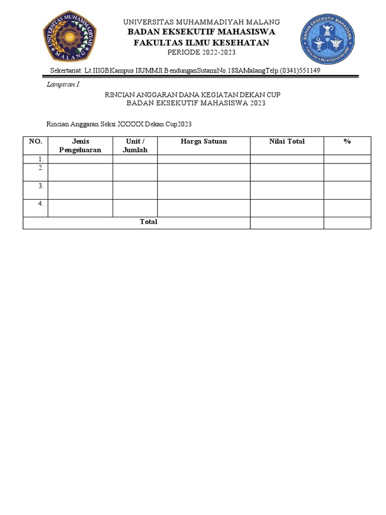TEMPLATE-Anggaran Dana CO Dan PJ Dekan Cup 2023 | PDF