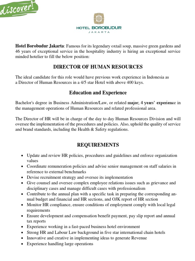 Director of Human Resources - Hotel Borobudur Jakarta | PDF | Human ...