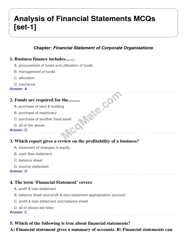 Analysis of Financial Statements Solved MCQs (Set-1) | PDF | Income ...