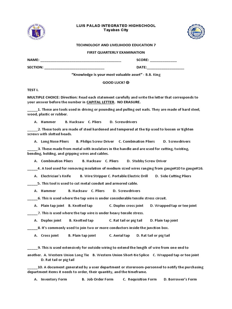 1ST Quarterly Exam in Tle | PDF | Electrical Connector | Electrical ...