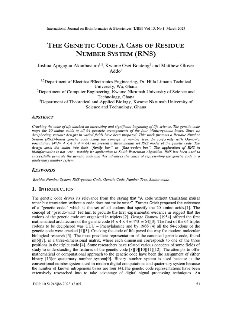 The Genetic Code A Case Of Residue Number System Rns Pdf Genetic Code Biology