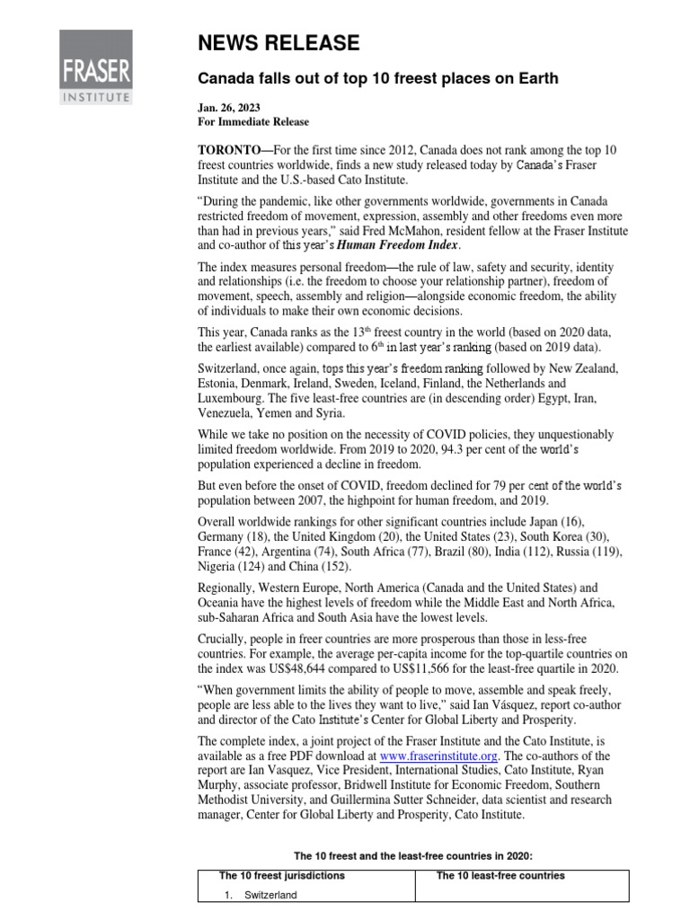Human Freedom Index 2022 Newsrelease CDN | PDF | Cato Institute | The ...