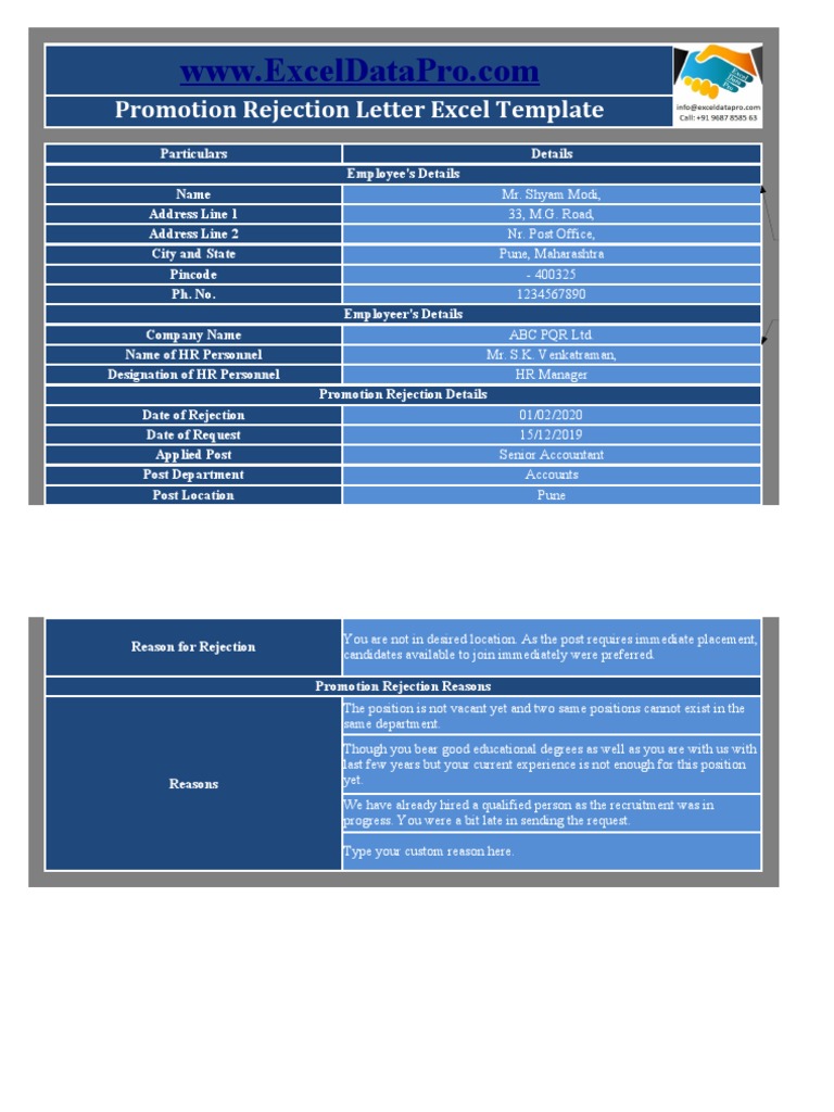Promotion Rejection Letter Excel Template | PDF | Business