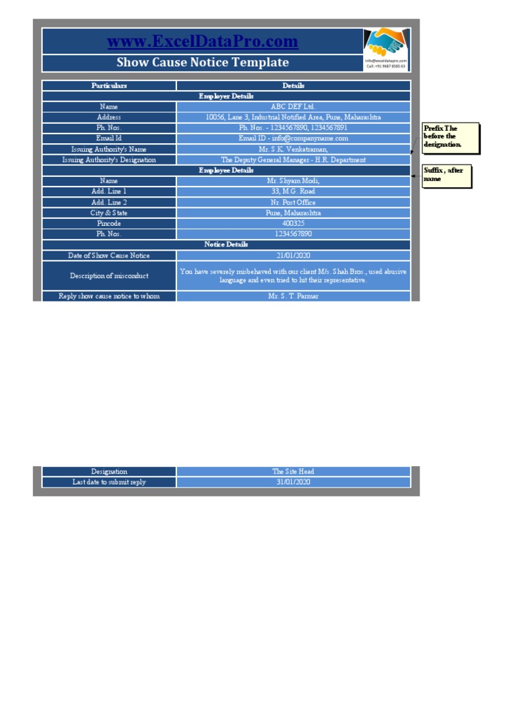 Show Cause Notice Template: Particulars Details Employer Details | PDF ...