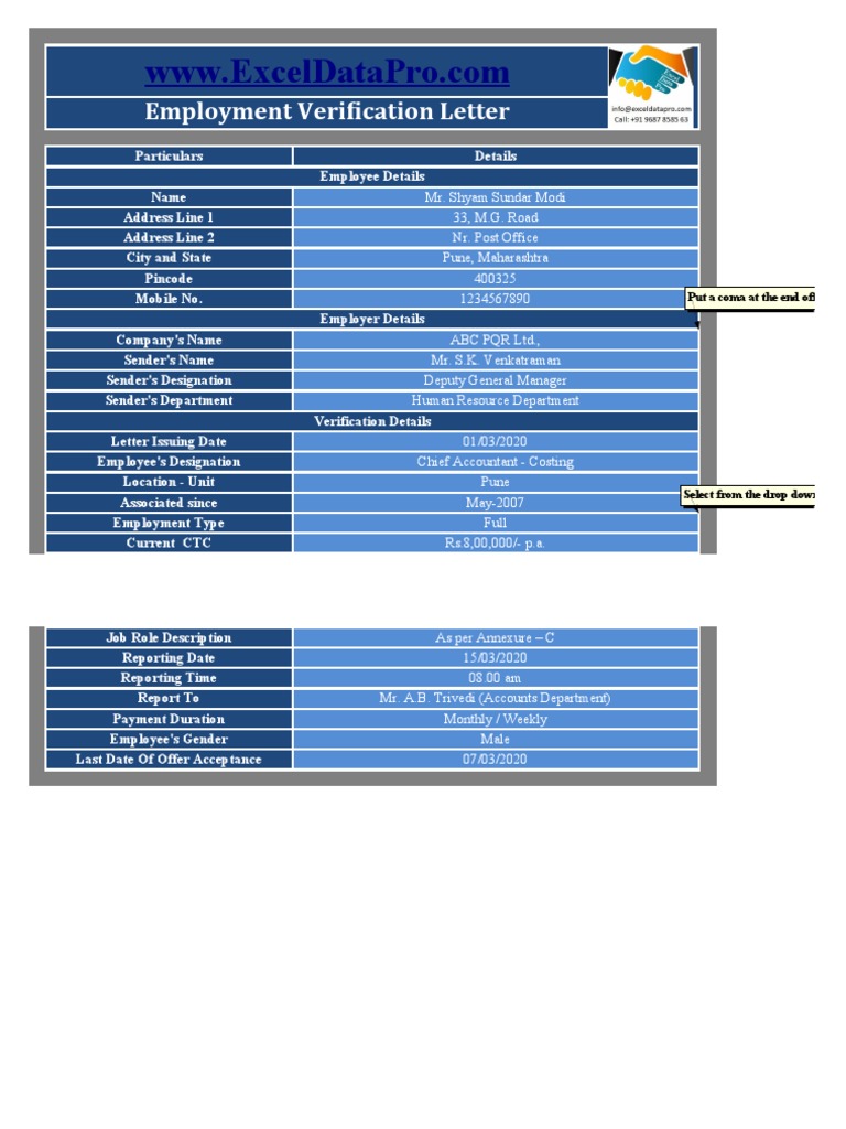 Employment Verification Letter: Put A Coma at The End Off The Name ...