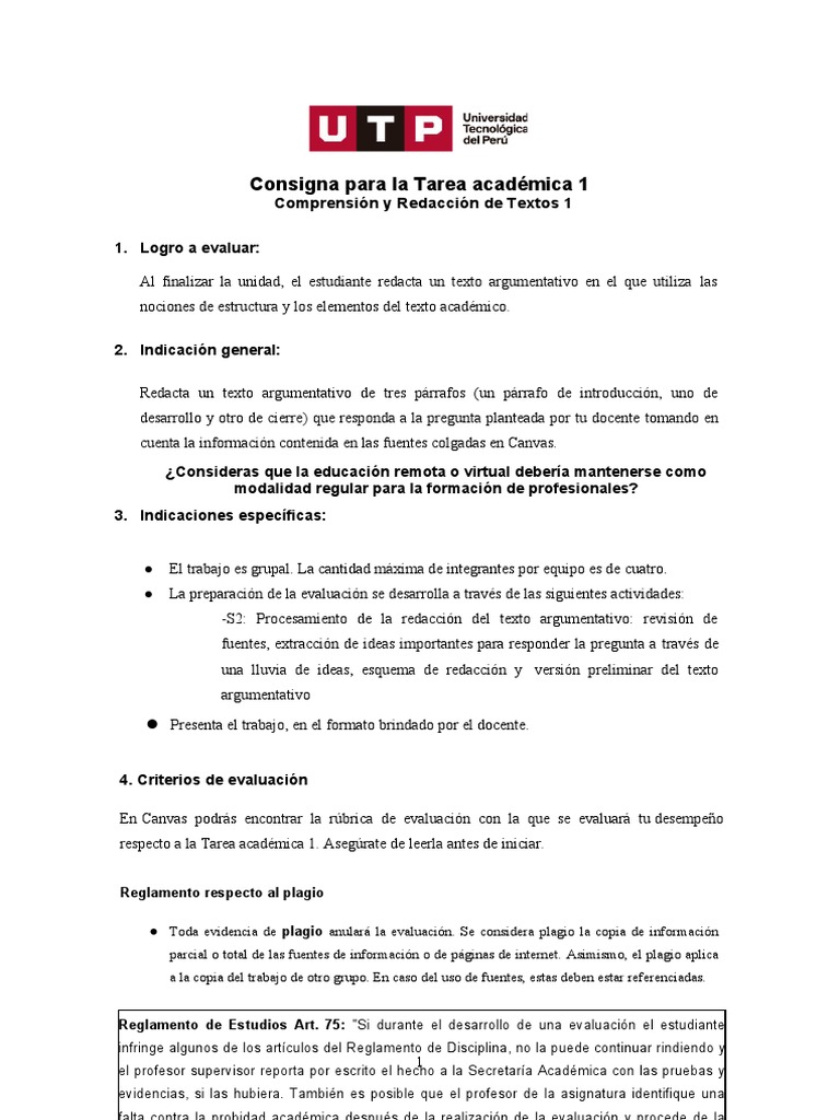 U1 GC - N01I - TA1Consigna - 23C1M - 2046015017 | PDF | Evaluación | Información