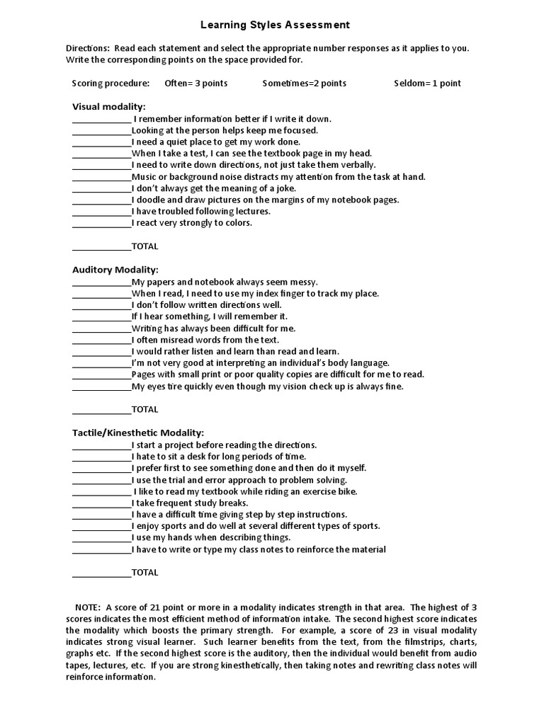 Learning Styles Assessment | PDF | Learning Styles | Behavior Modification