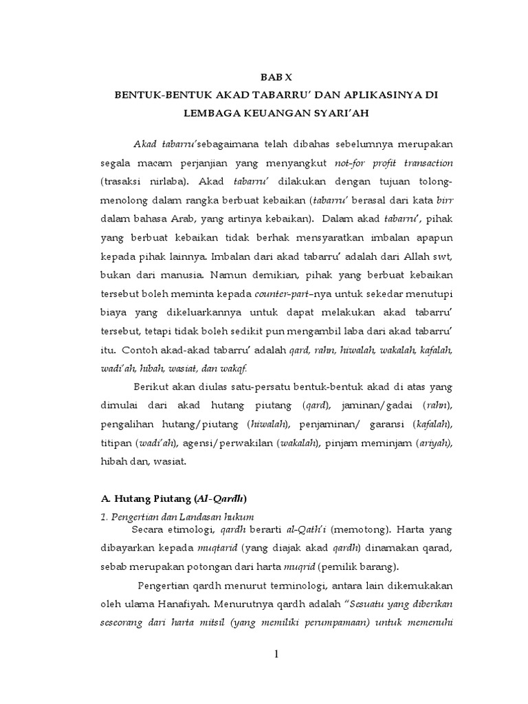 Bab X Bentuk-Bentuk Akad Tabarru' Dan Aplikasinya Di Lembaga Keuangan ...