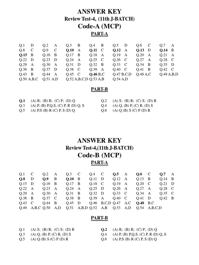 Test-4 Answer Key for 11th J-Batch | PDF