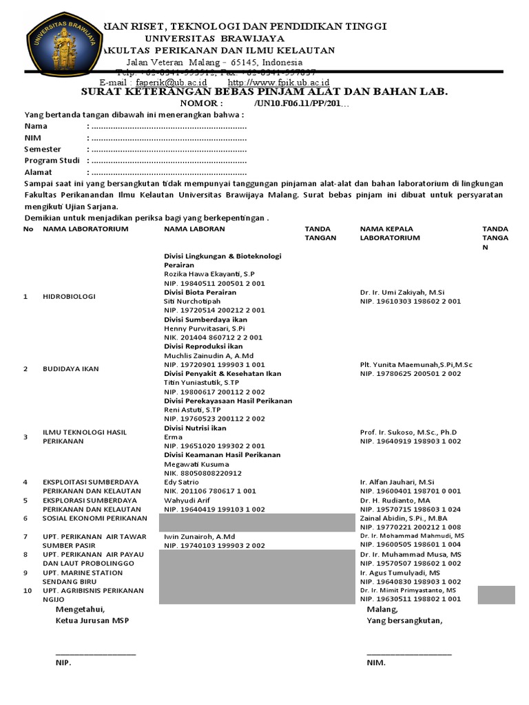 Surat Bebas Pinjam Alat Lab FPIK UB | PDF