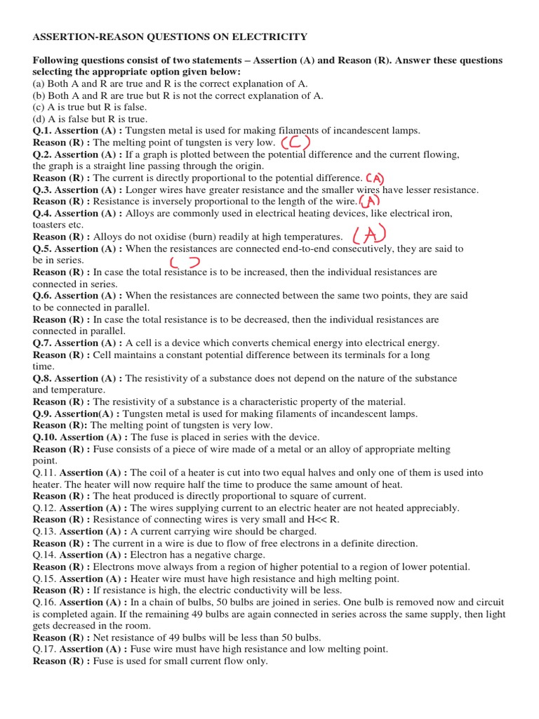 Assertion Reason Electricity | PDF | Electrical Resistance And ...