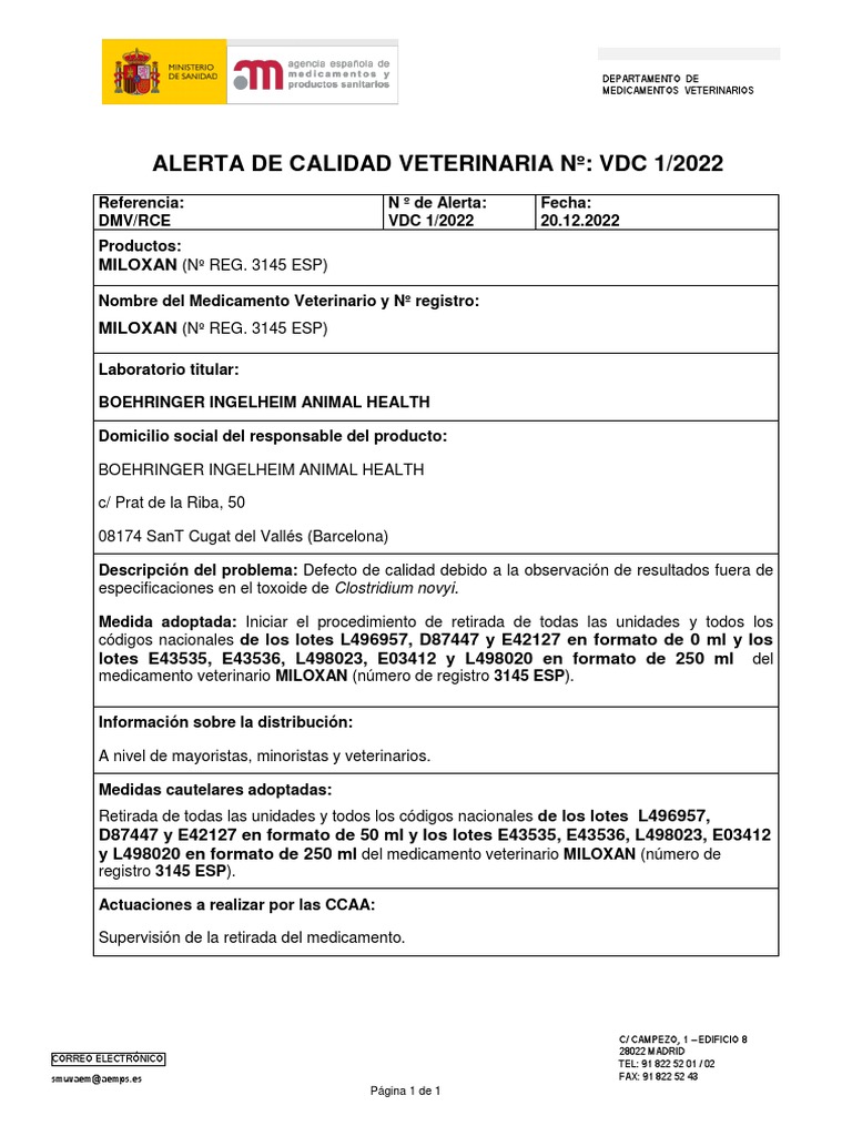 Alerta de Calidad: Retirada de MILOXAN | PDF