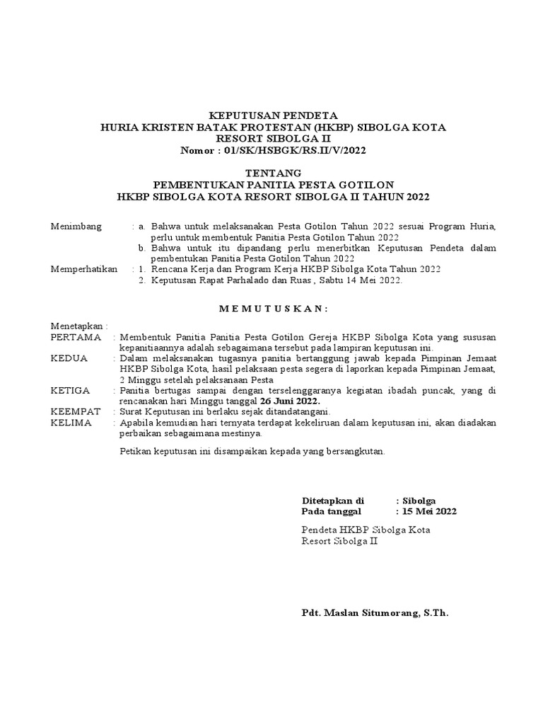 SK Panitia Pesta Gotilon HKBP SBG Kota 2022 | PDF