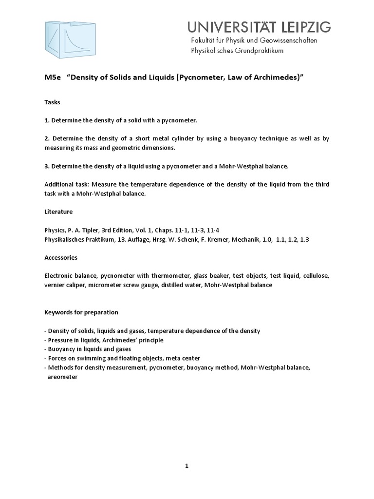 M5e "Density of Solids and Liquids (Pycnometer, Law of Archimedes ...